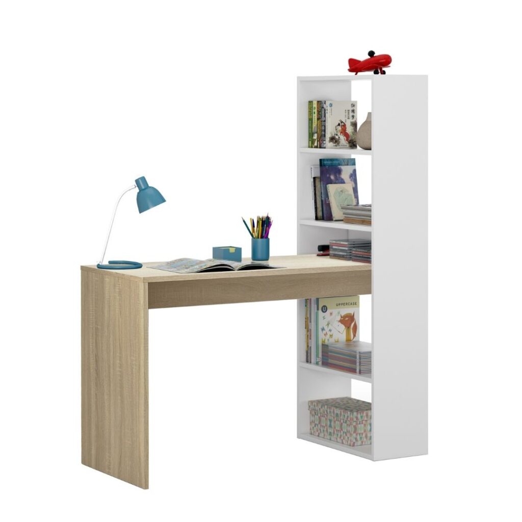 Mesa de escritorio con estantería incorporada, muy compacto.